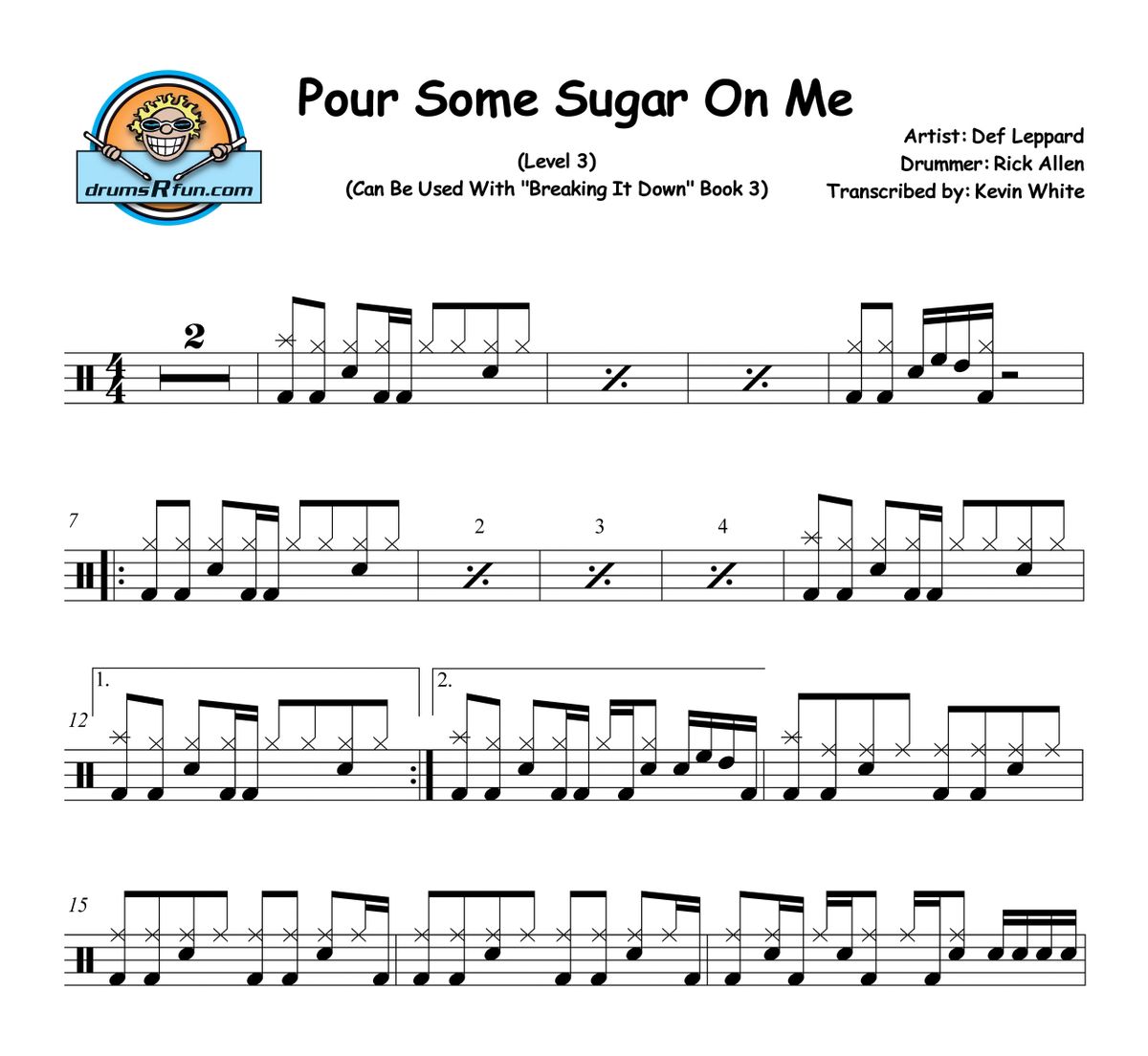 Def Leppard, Pour Some Sugar On Me Drum Transcription Level 3