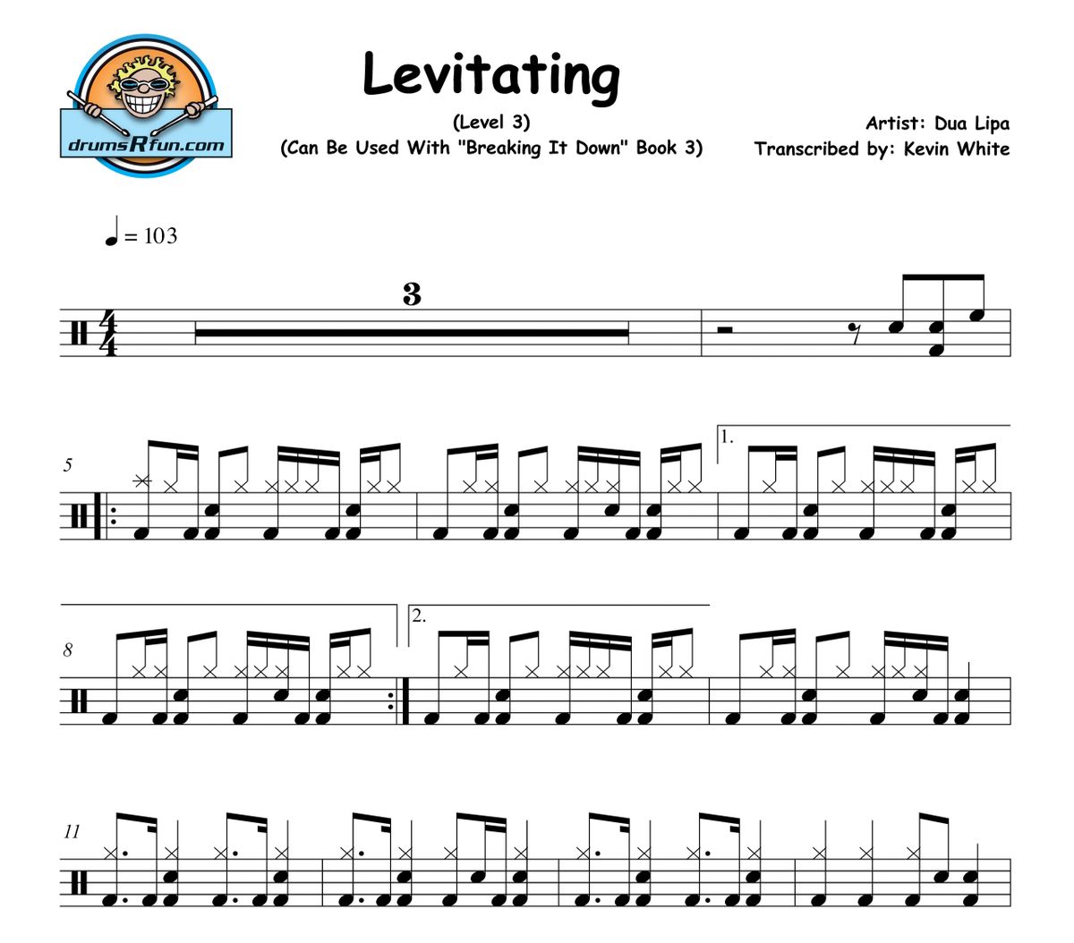 Dua Lipa, Levitating Drum Transcription Level 3