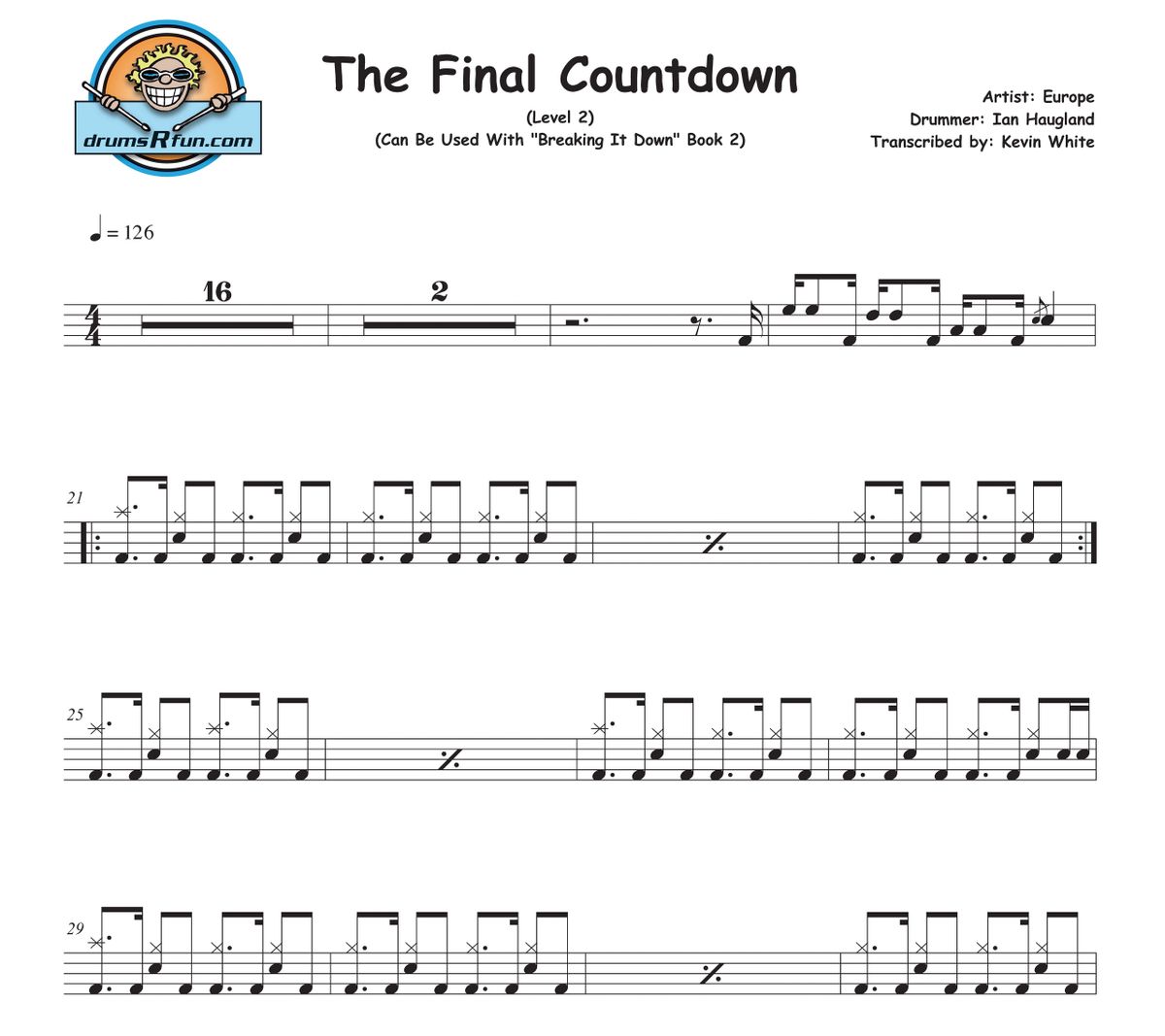 Europe, The Final Countdown Drum Transcription Level 2