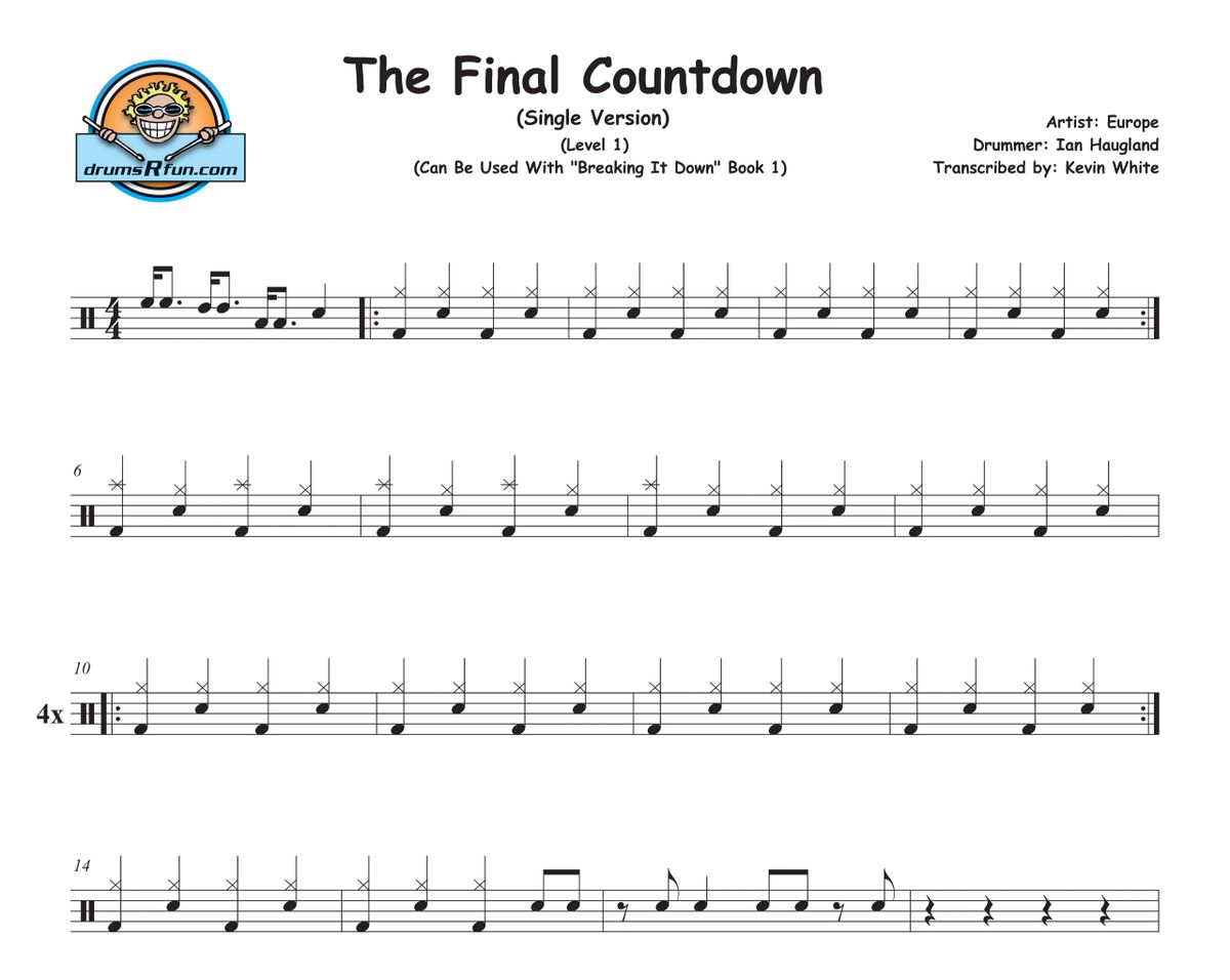 Europe, The Final Countdown Drum Transcription Level 1