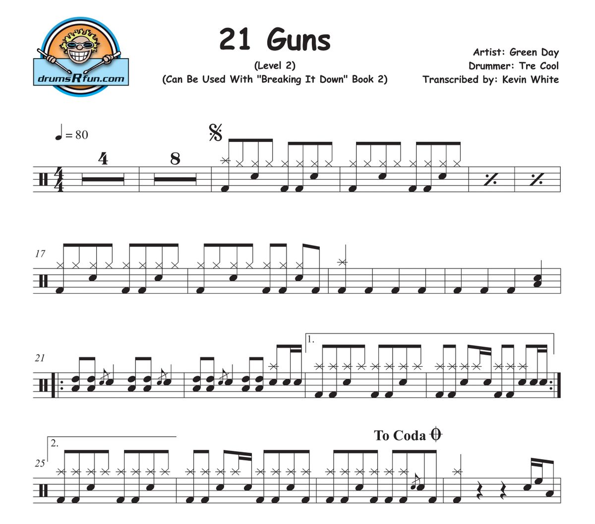 Green Day, 21 Guns Drum Transcription Level 2