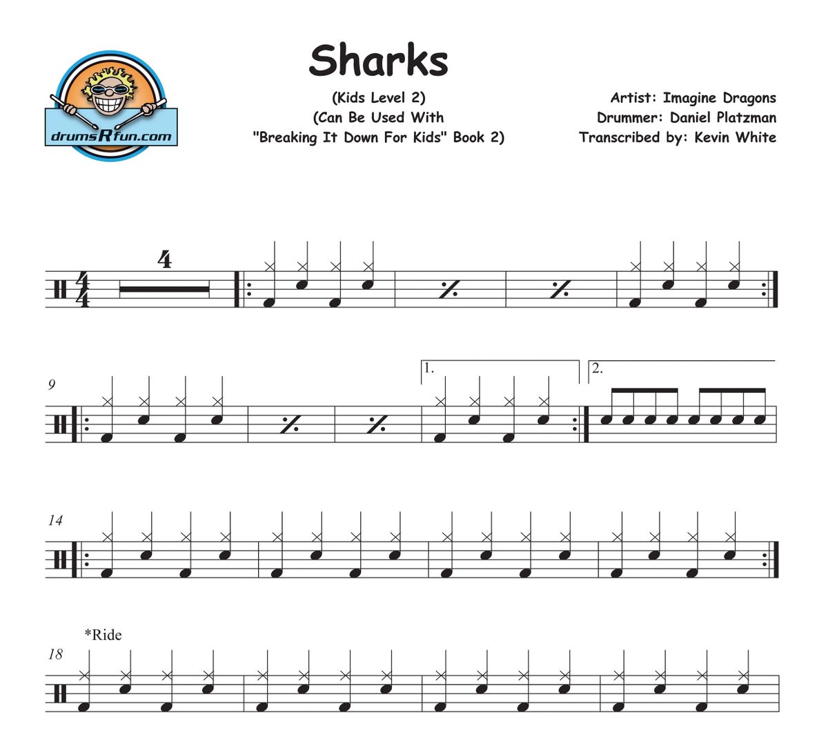 Imagine Dragons, Sharks Drum Transcription Kids Level 2