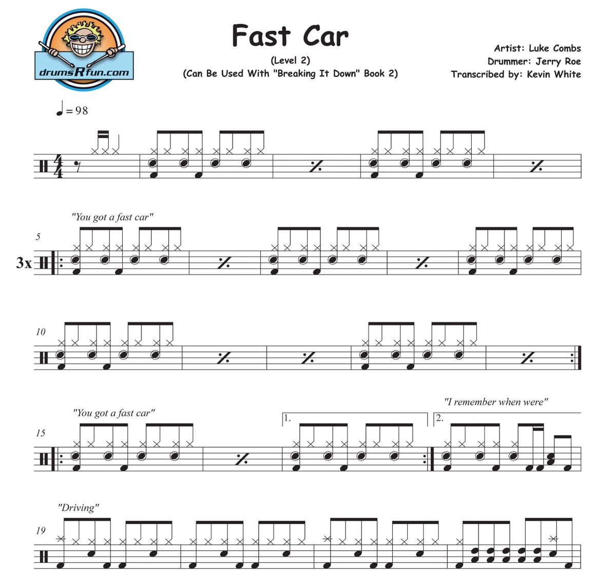 Luke Combs, Fast Car Drum Transcription Level 2
