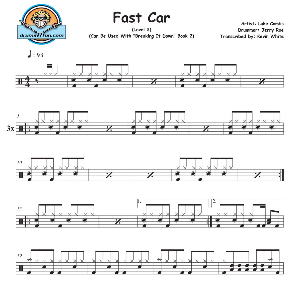 Luke Combs, Fast Car Drum Transcription Level 2