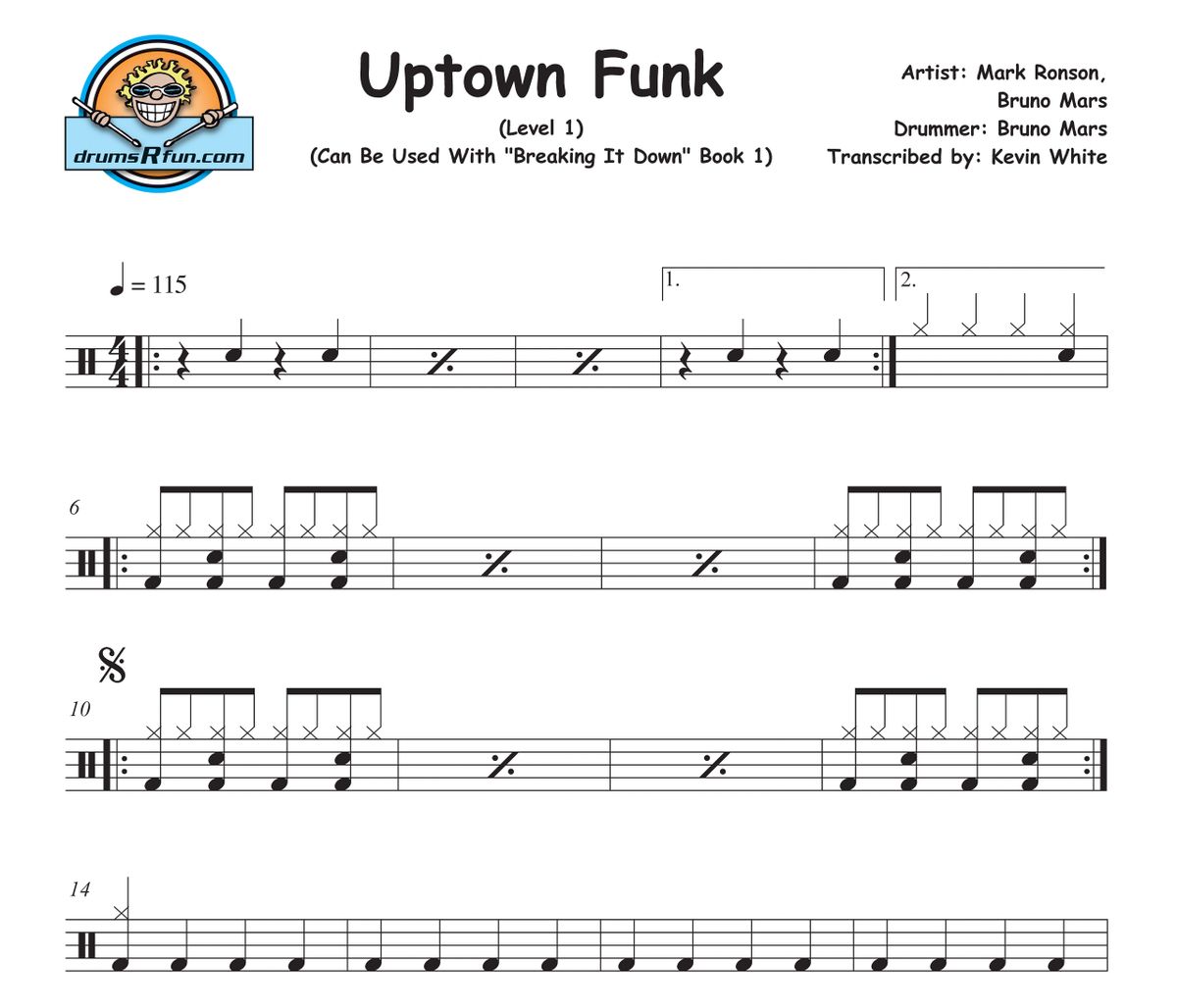 Mark Ronson, Bruno Mars, Uptown Funk Drum Transcription Level 1