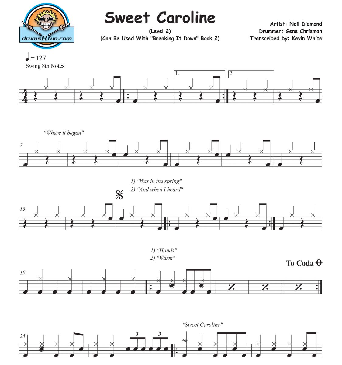 Neil Diamond, Sweet Caroline Drum Transcription Level 2