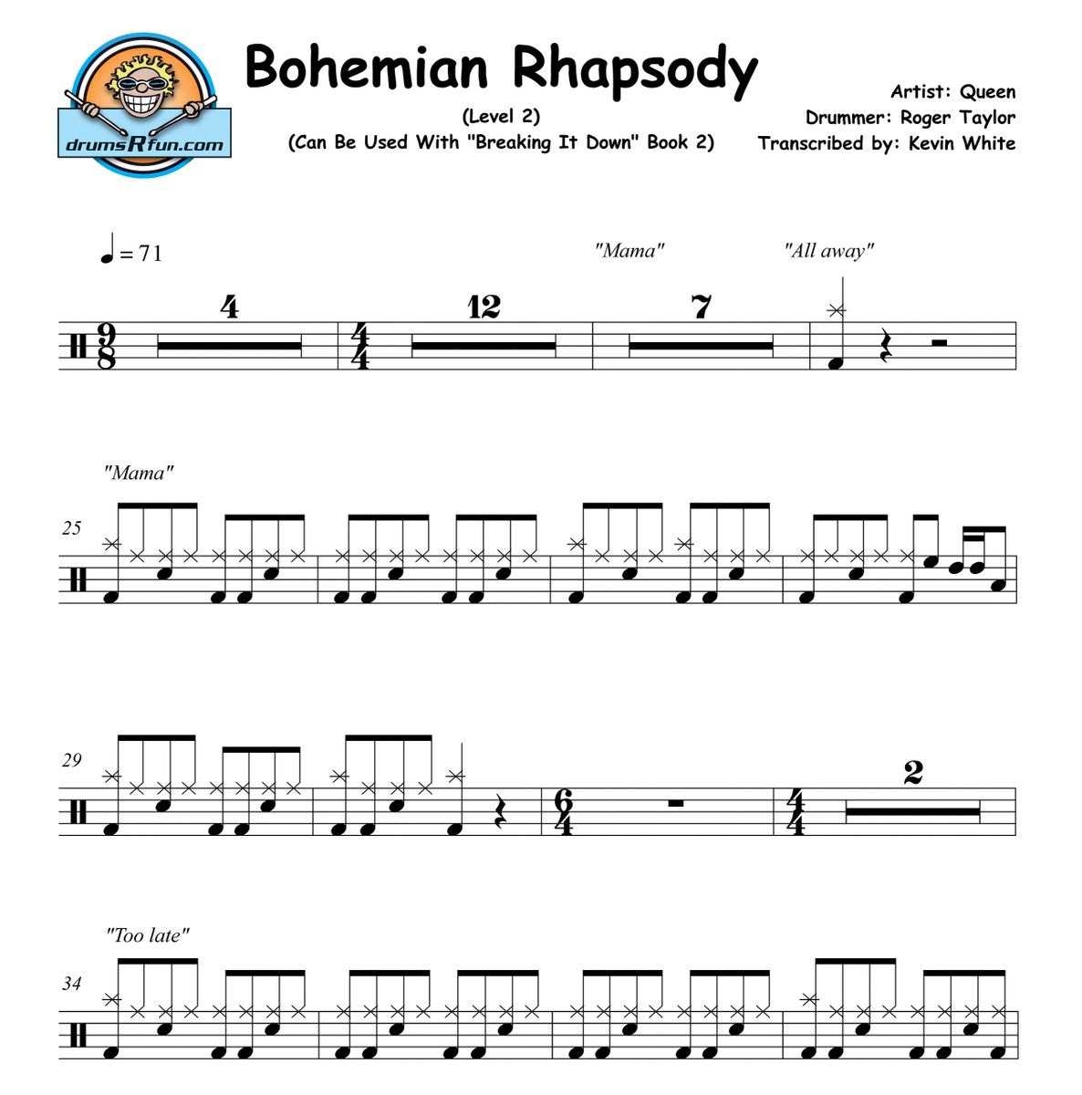 Queen, Bohemian Rhapsody Drum Transcription Level 2