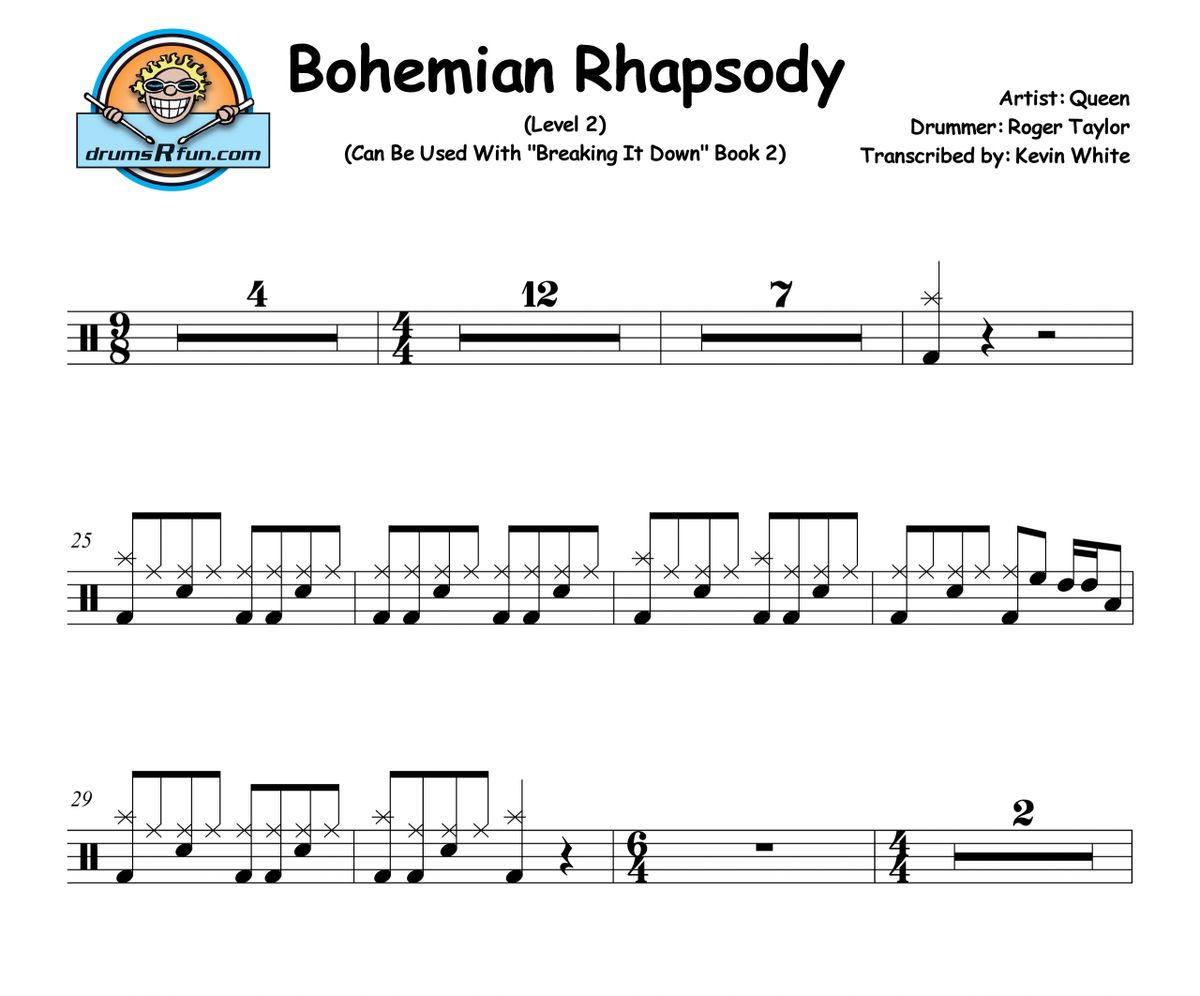 Queen, Bohemian Rhapsody Drum Transcription Level 2