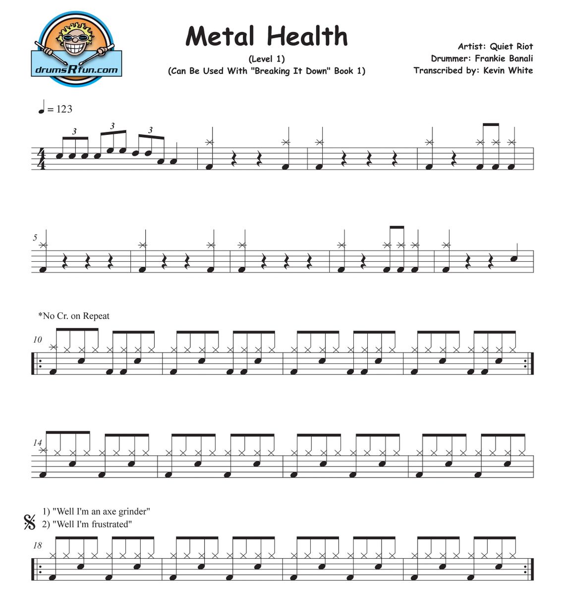 Quiet Riot, Metal Health Drum Transcription Level 1