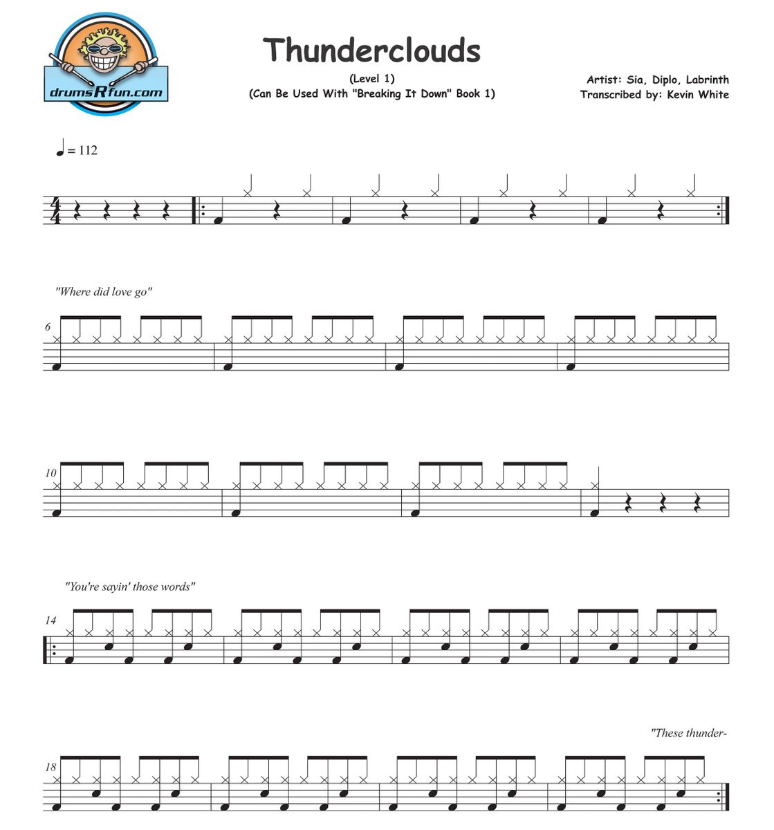 Sia, Diplo, Labrinth, Thunderclouds Drum Transcription Level 1