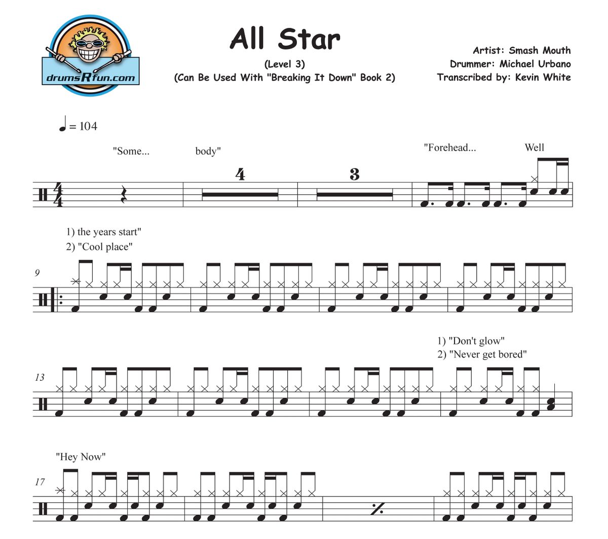 Smash Mouth, All Star Drum Transcription Level 3