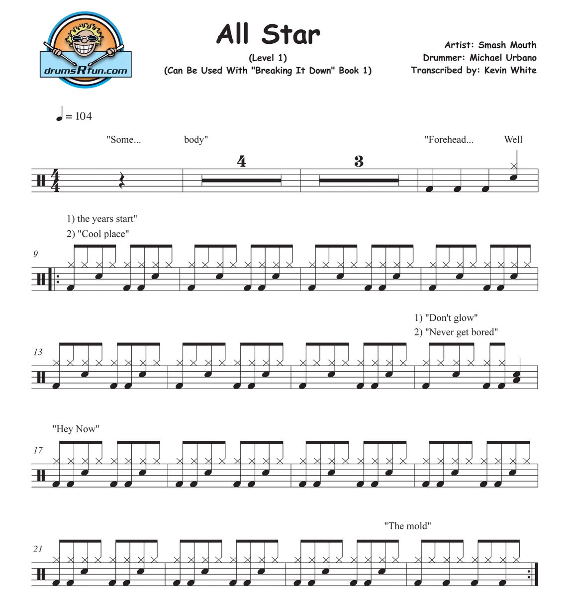Smash Mouth, All Star Drum Transcription Level 1