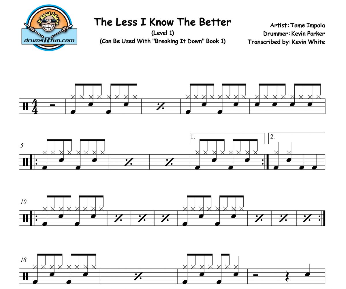Tame Impala, The Less I Know The Better Drum Transcription Level 1
