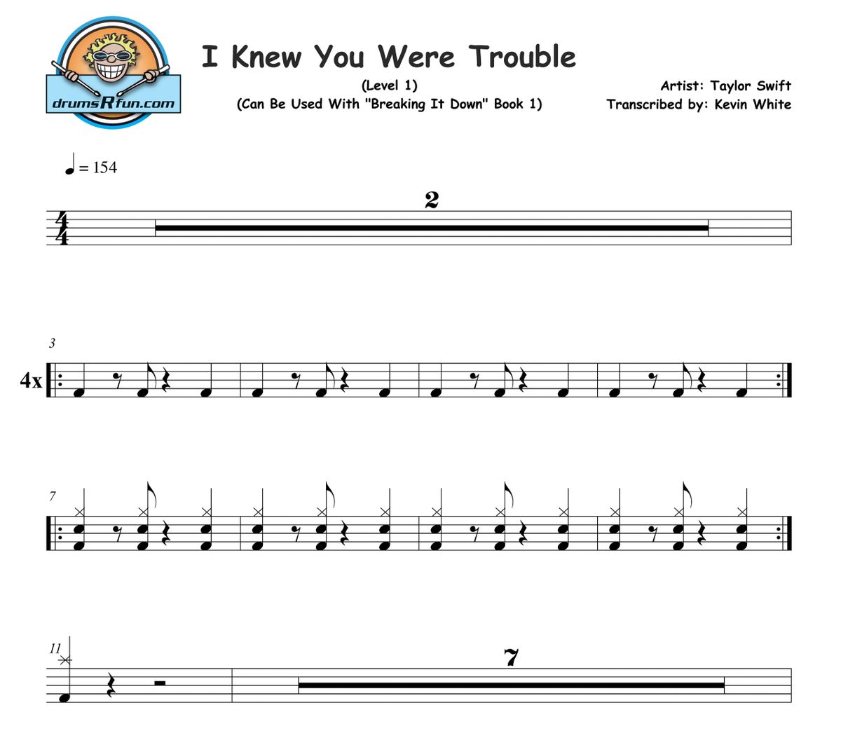 Taylor Swift, I Knew You Were Trouble Drum Transcription Level 1