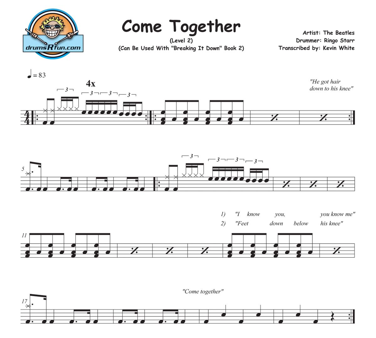 The Beatles, Come Together Drum Transcription Level 2