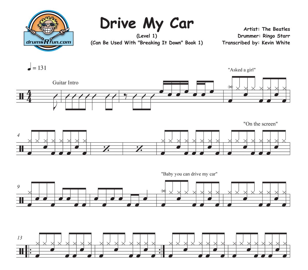 The Beatles, Drive My Car Drum Transcription Level 1