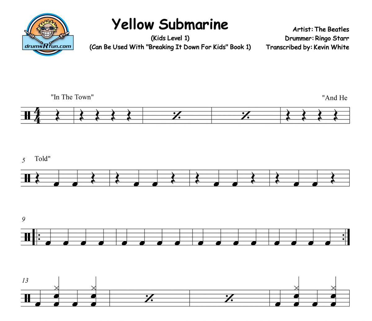 The Beatles, Yellow Submarine Drum Transcription For Kids Level 1