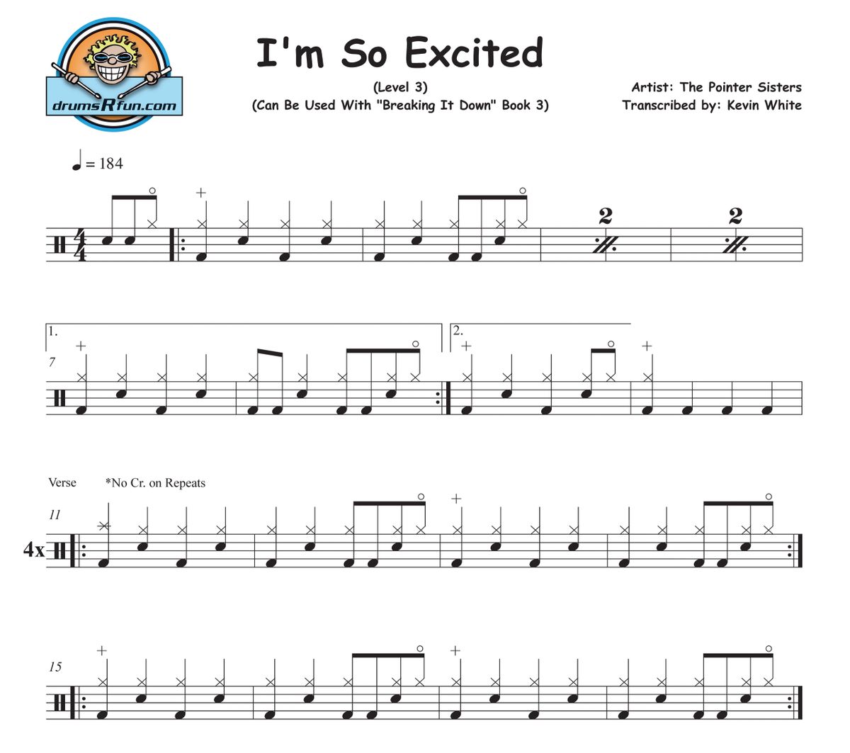 The Pointer Sisters, I'm So Excited Drum Transcription Level 3