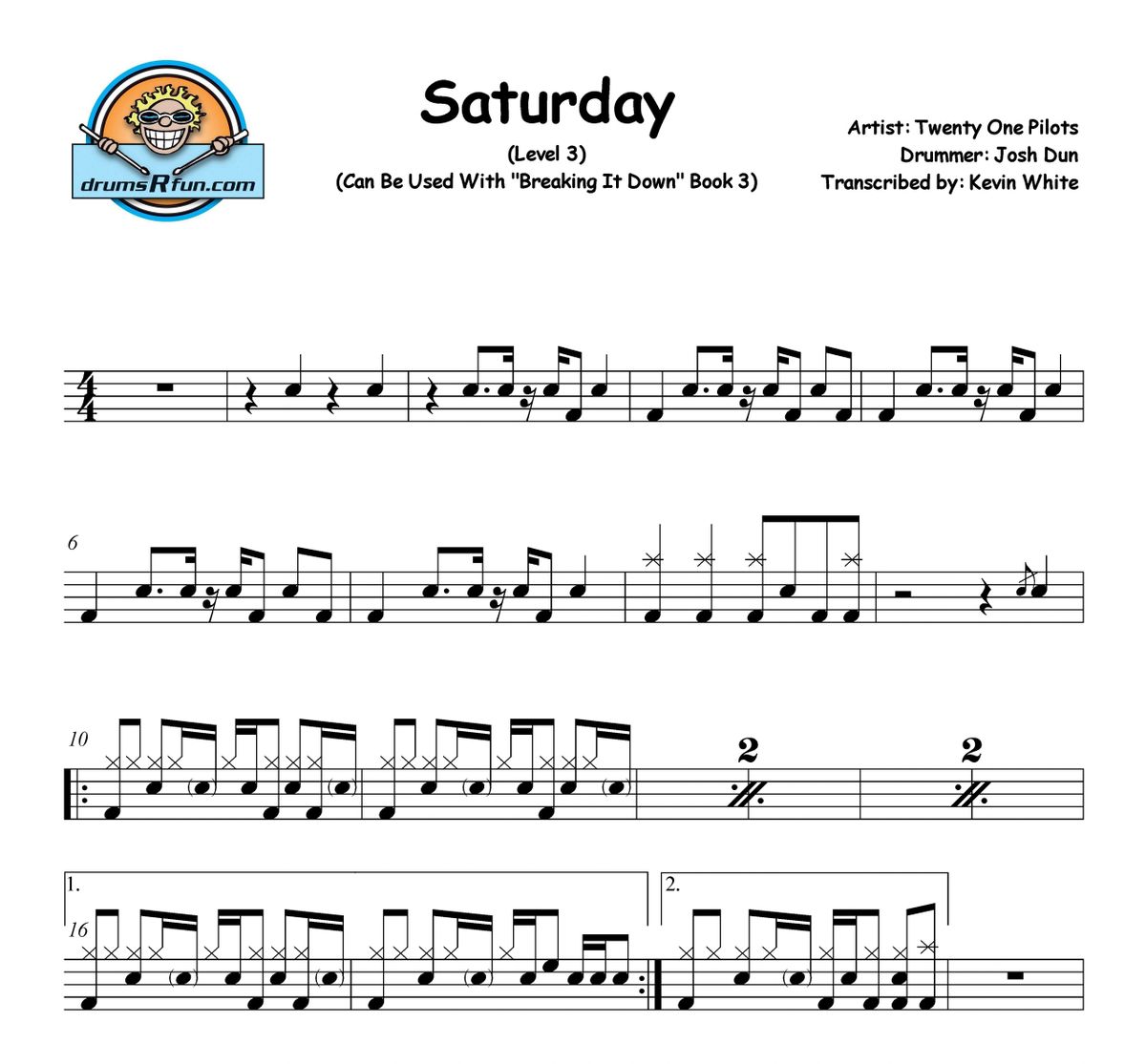 Twenty One Pilots, Saturday Drum Transcription Level 3