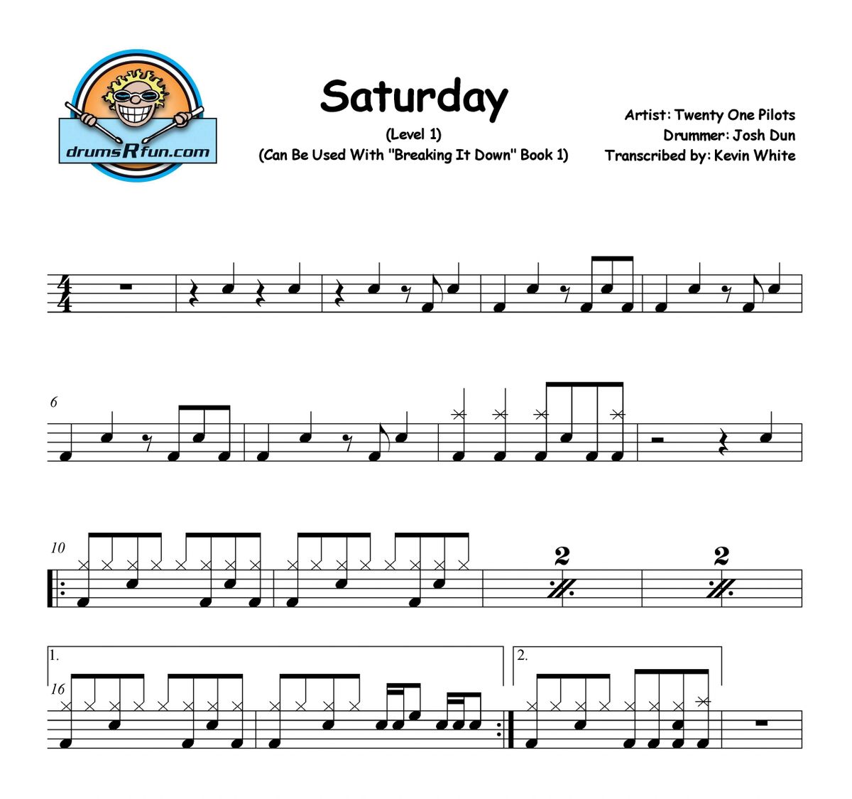 Twenty One Pilots, Saturday Drum Transcription Level 1