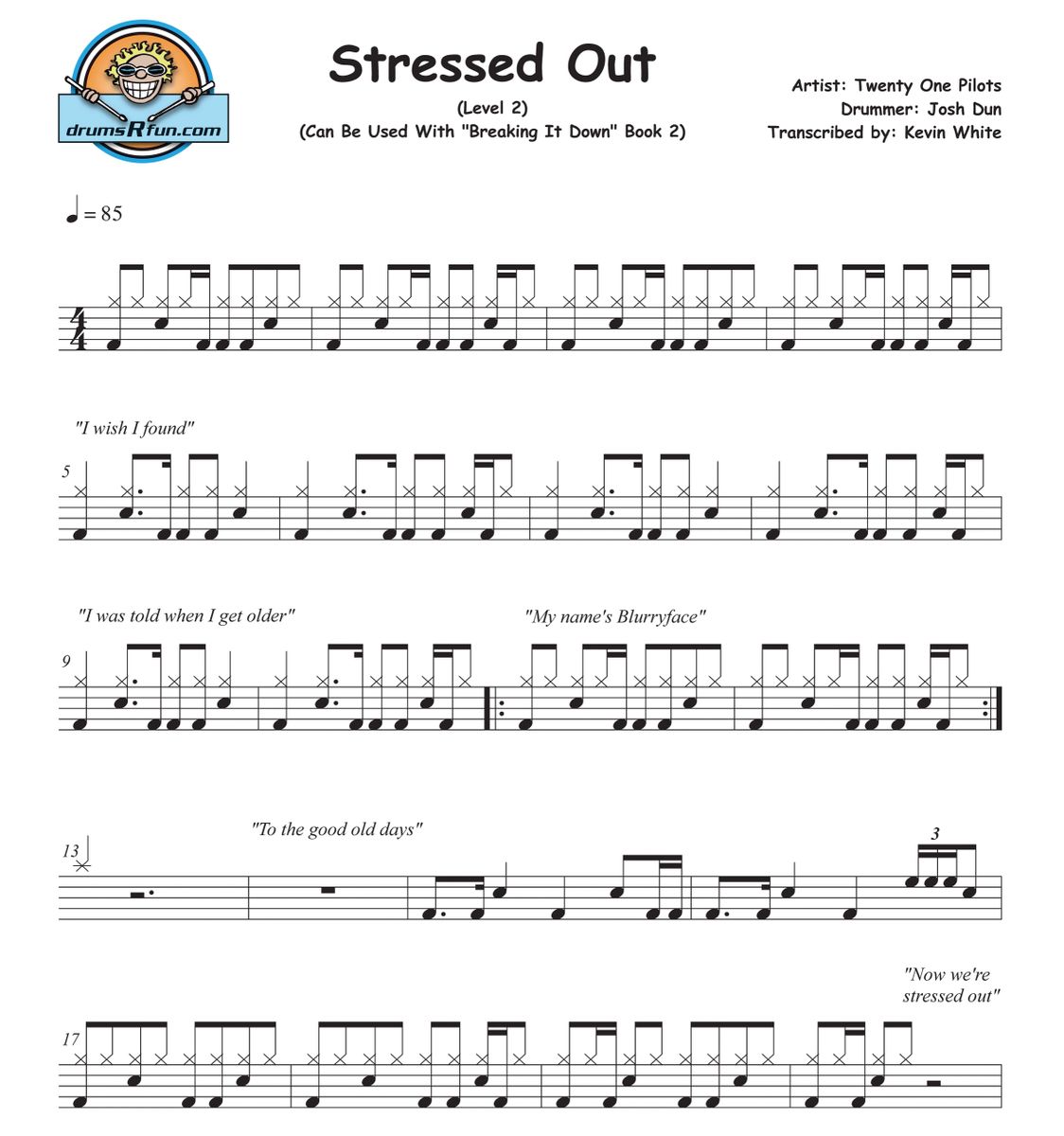 Twenty One Pilots, Stressed Out Drum Transcription Level 2