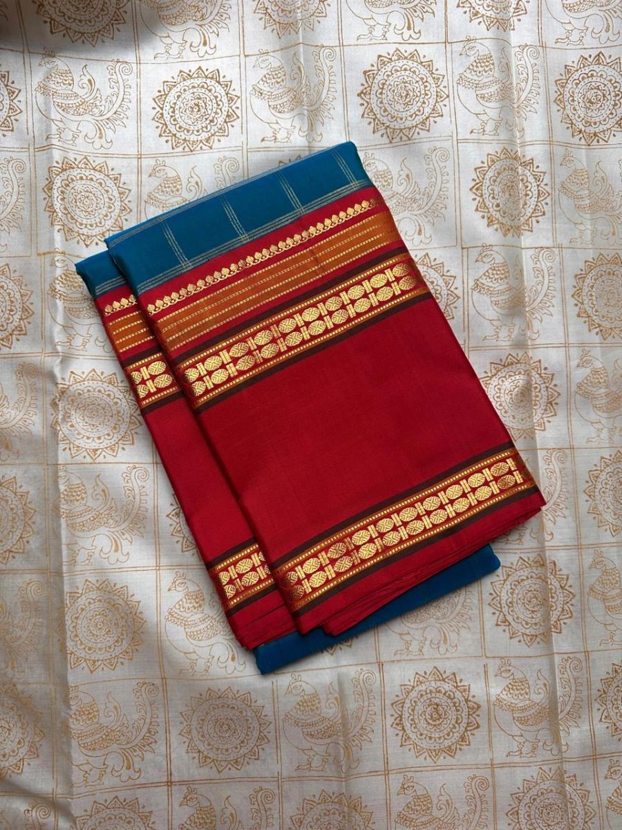 Peacock Blue Kanjivaram silk saree with zari Kattam and Retta pett ...