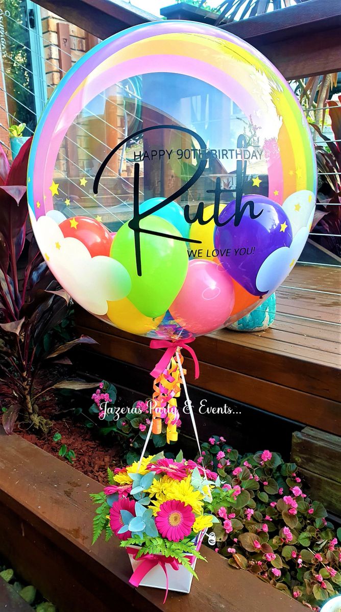 Personalised 90th Rainbow Bubble Balloon with fresh bright floral box ...