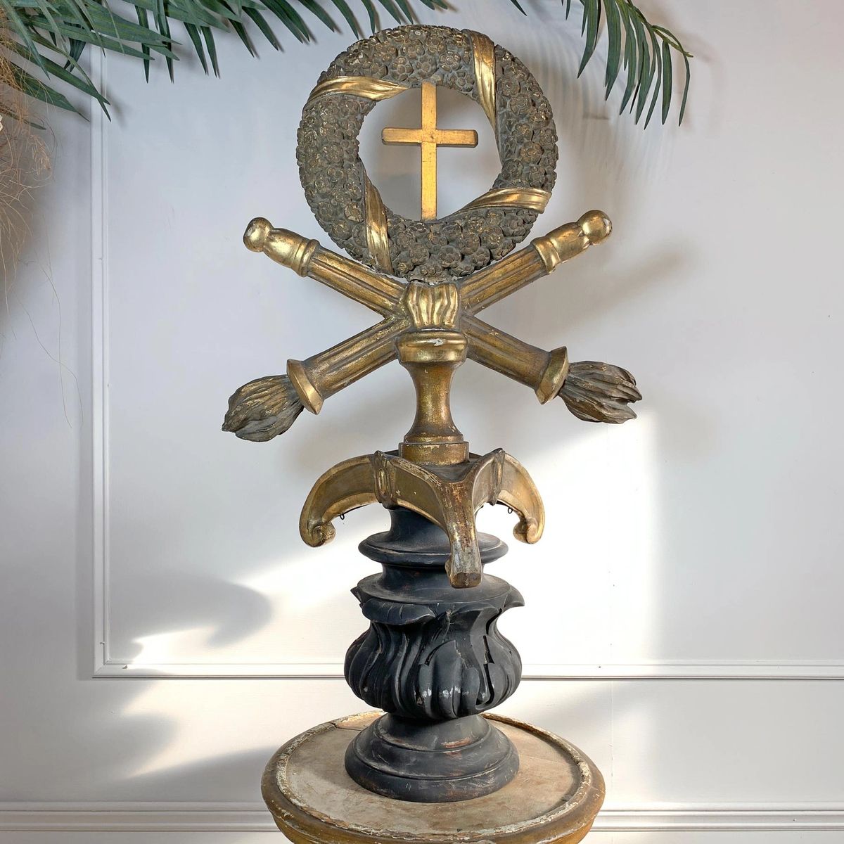 Large 18th Century Gold Religious Processional Cross on Later Base
