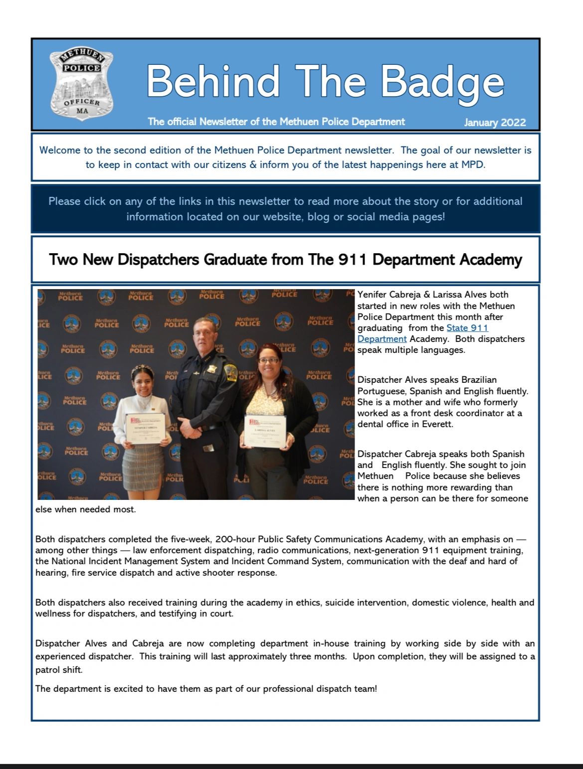 Methuen Police Department Newsletter: Behind The Badge – January