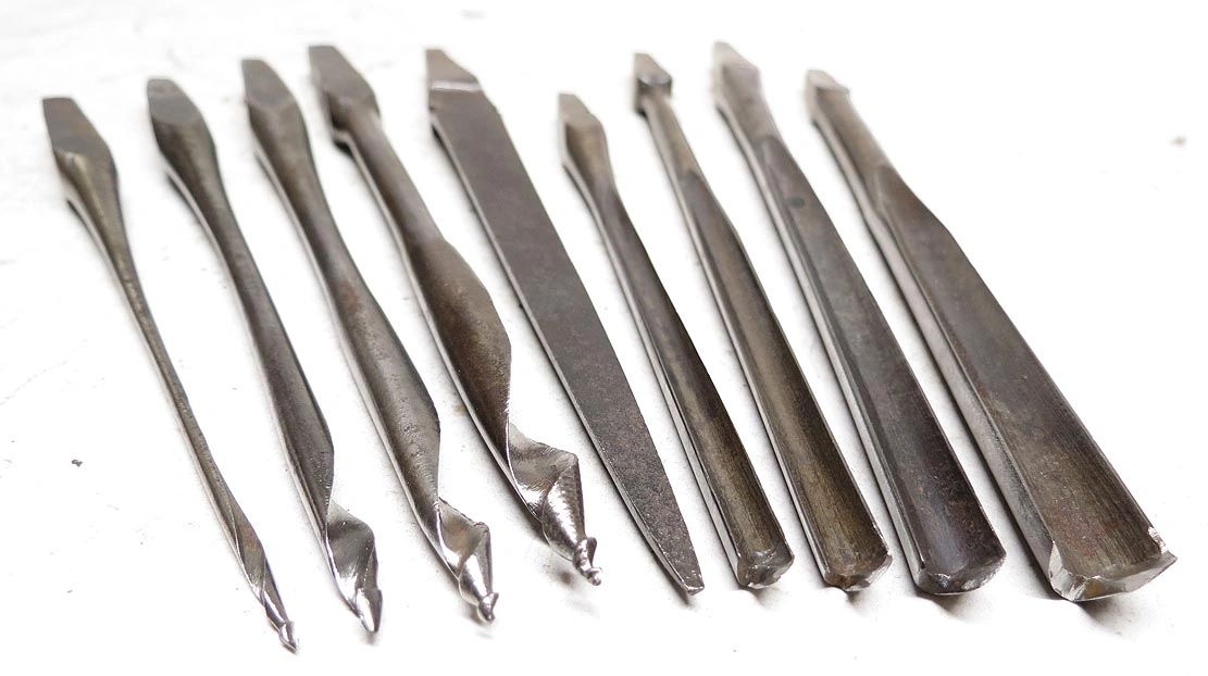 9 ANTIQUE DRILL BITS – GIMLET TWIST & SPOON NOSE BITS