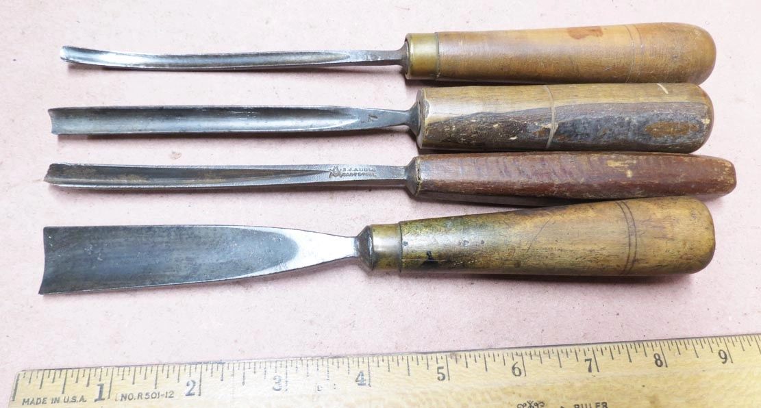 ANTIQUE 4 QUALITY CARVING CHISELS - S.J. Addis