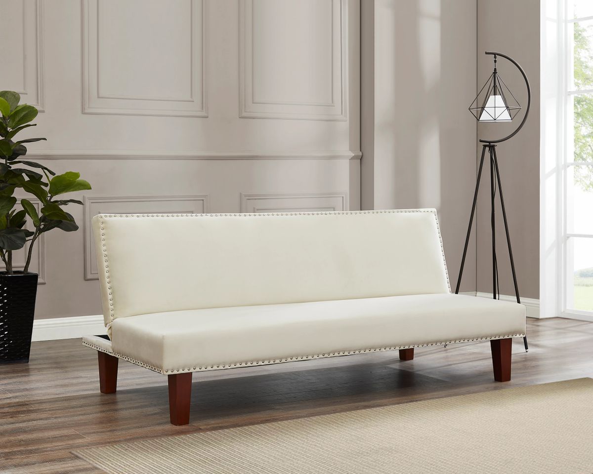FREYA 3 Seater Cream Velvet Studded edge Wooden Block Legs Clic-Clac ...