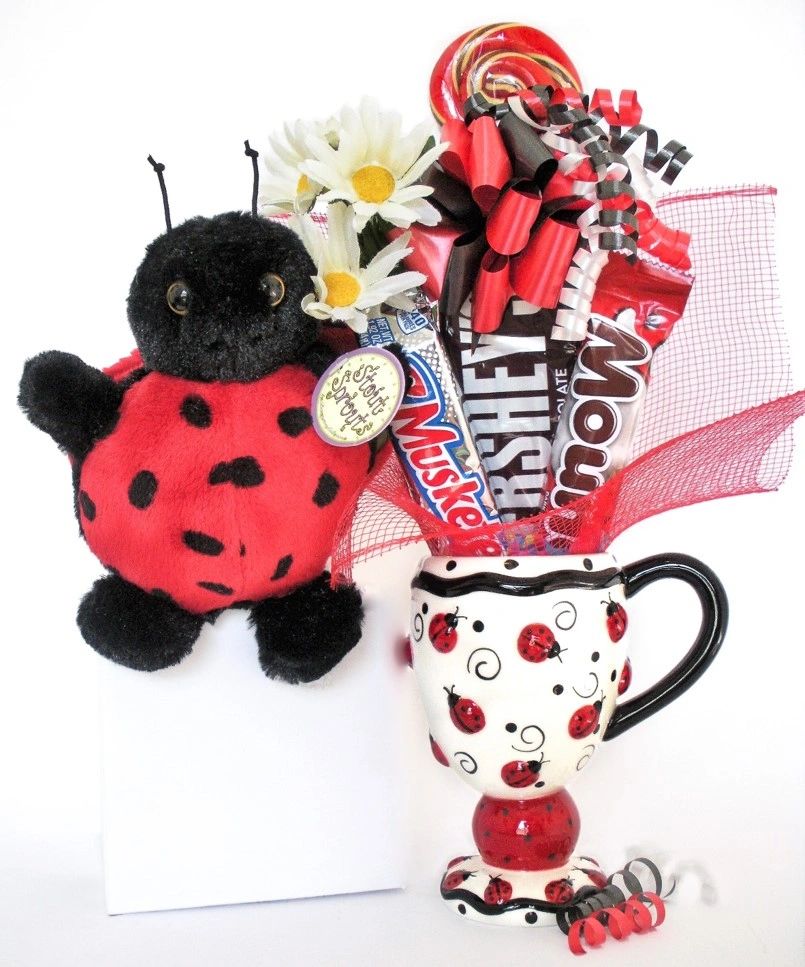 Ladybug Candy Bouquet Lucky Bug w/ Ladybugs and Swirls Cappuccino Mug