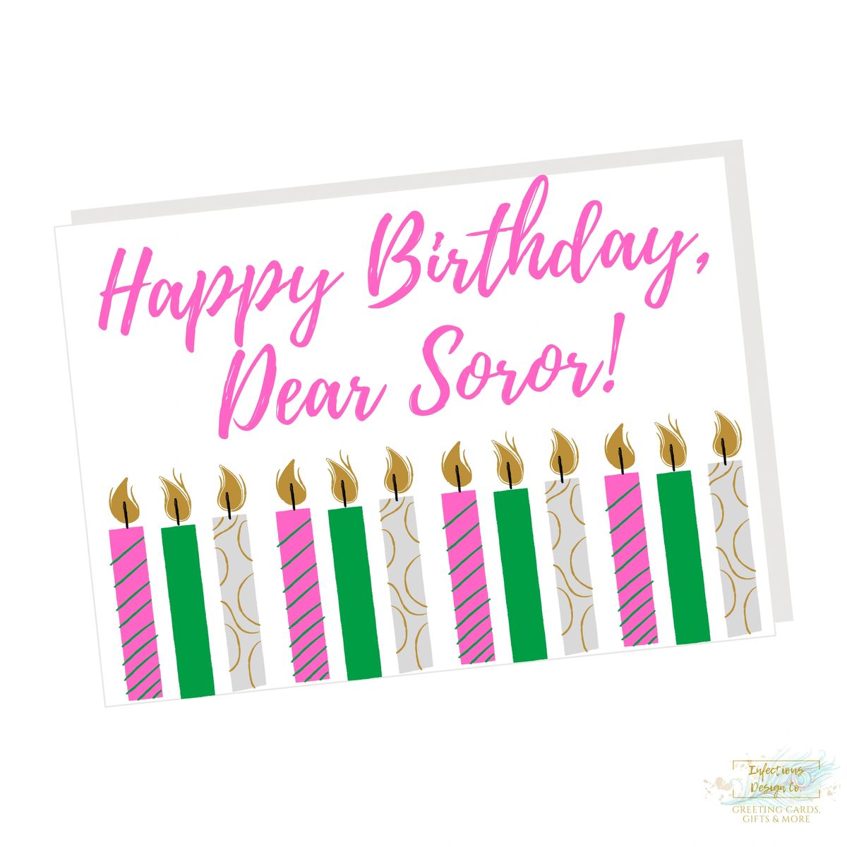 Happy Birthday Soror card, with pink and green candles