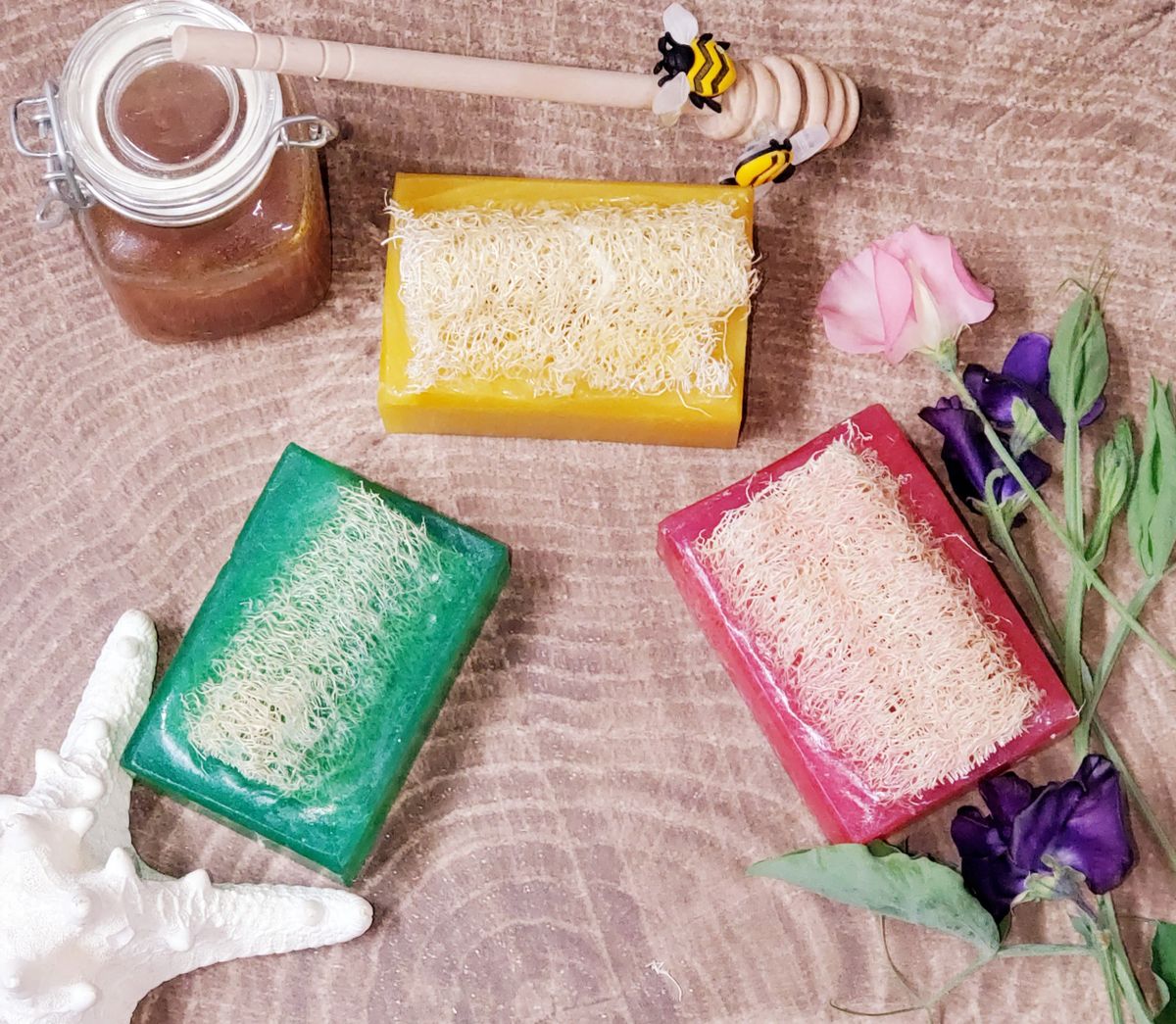 Luffa Soap Set Handmade Soap, Sweet Pea, Morning Rain, Sweet Honey ...