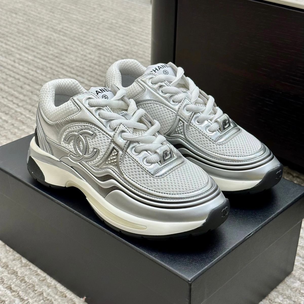 Chanel Laminated Sneaker Silver Black
