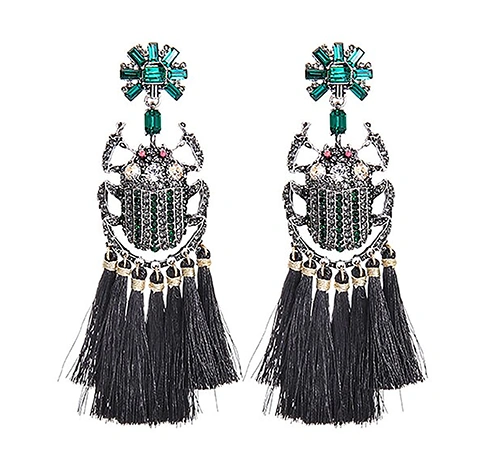 Large Jewelled Scarab Beetle With Tassel Detail Earrings