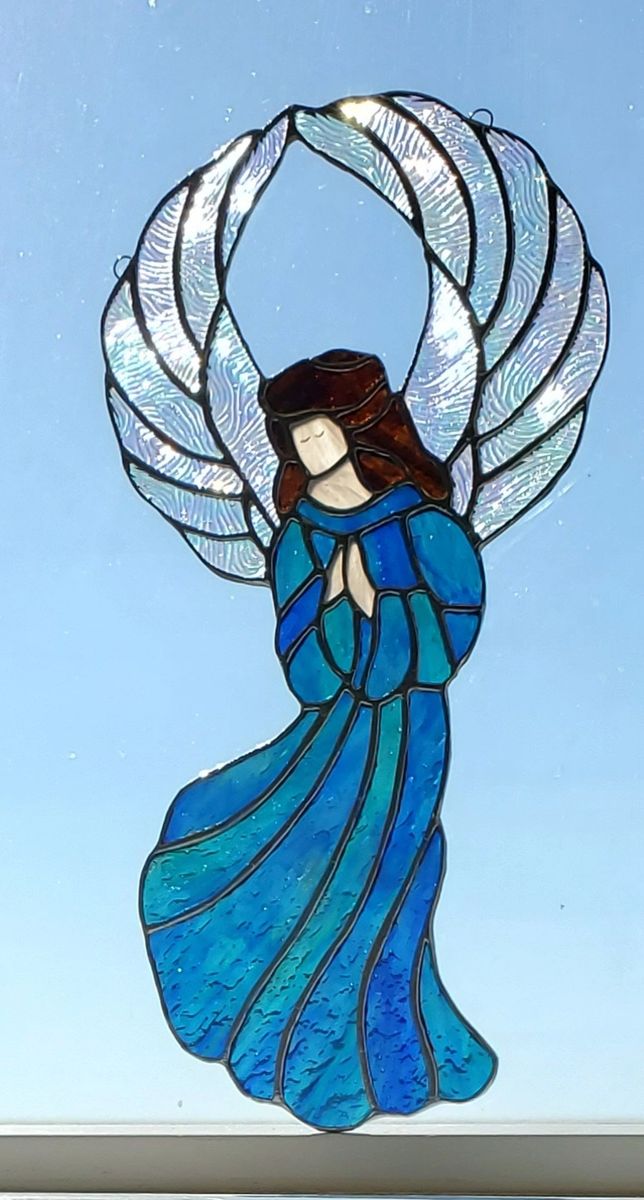 Large praying angel stained glass angel