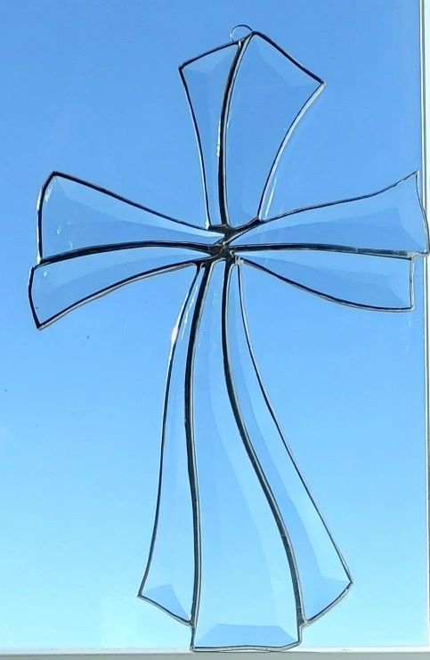 Clear bevel wavy cross stained glass suncatcher