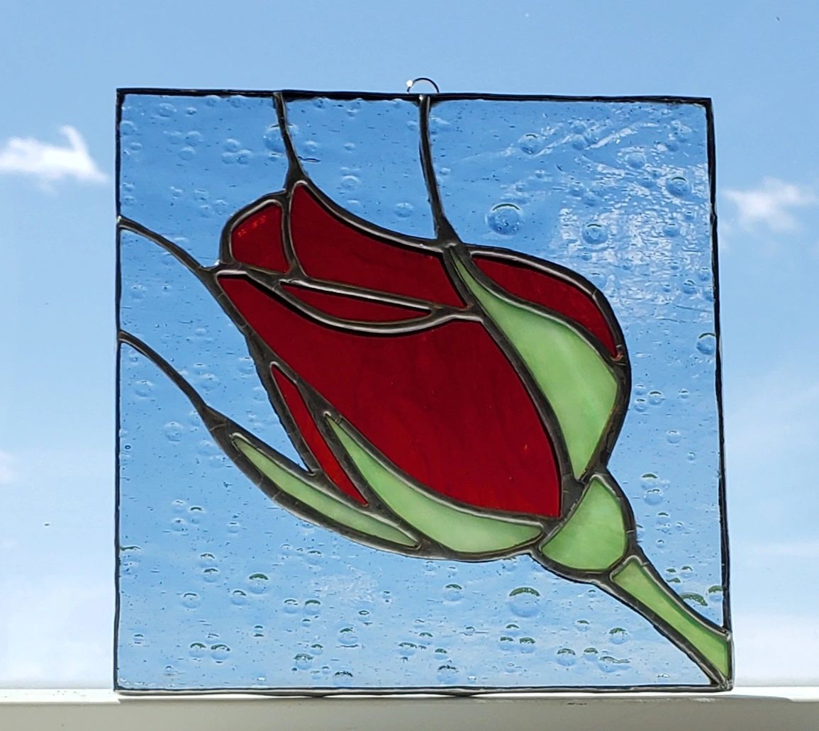 Rosebud stained glass in square suncatcher