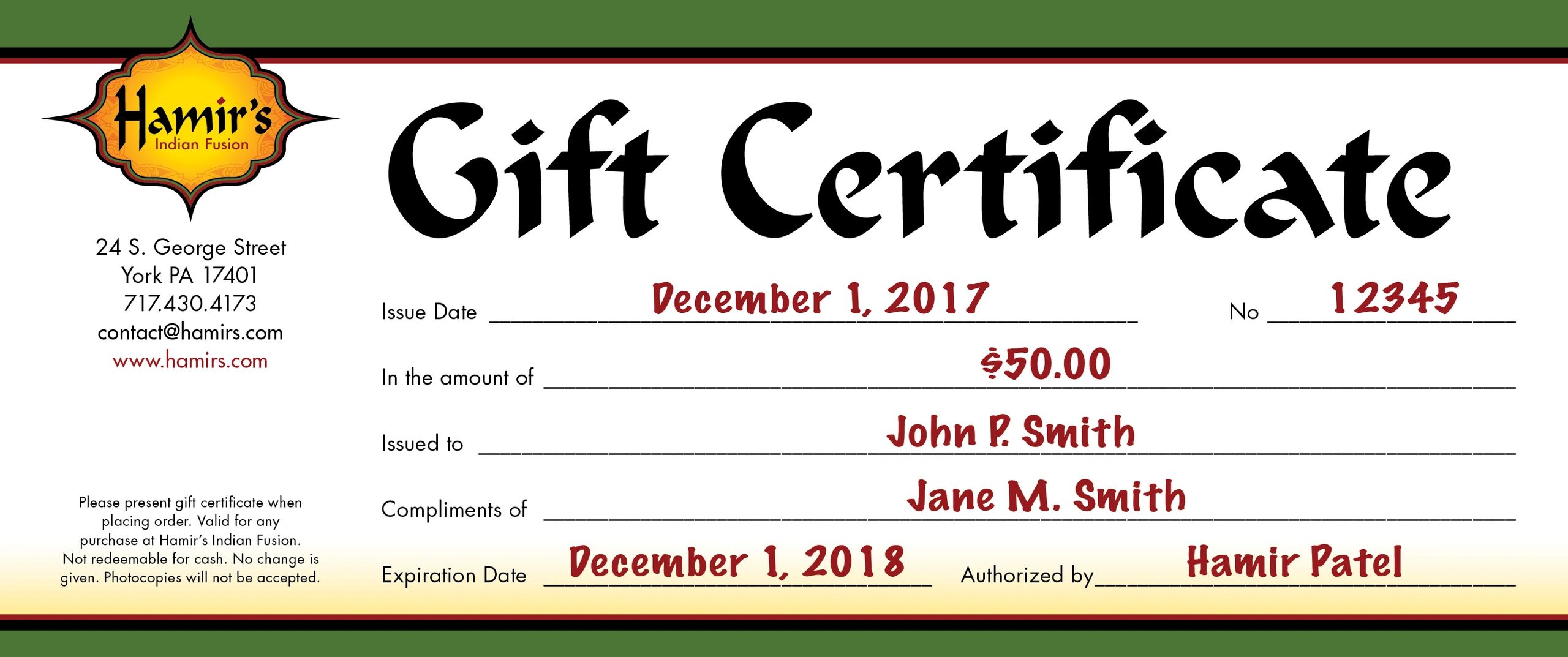 Shop for Gift Certificates, Peri Peri and more | Hamir's Indian Fusion ...