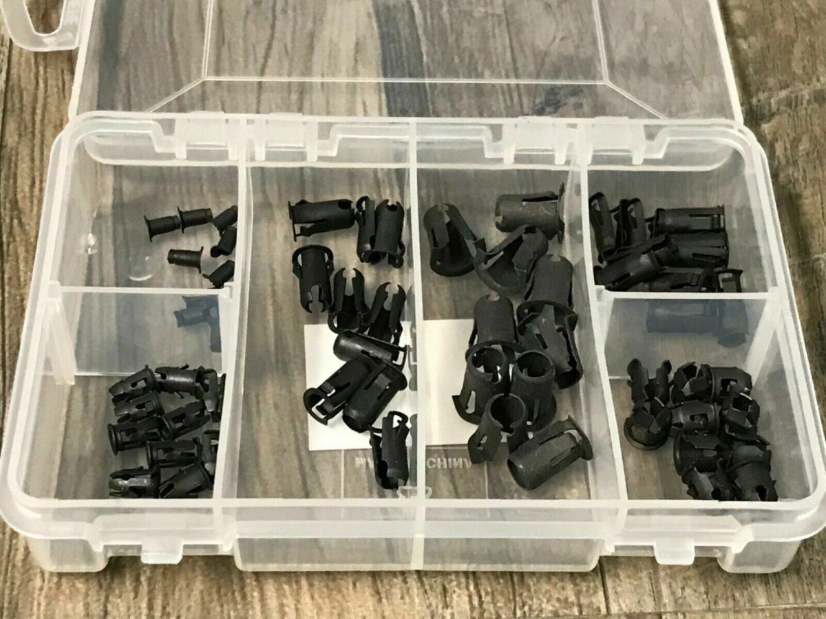 60 pcs 6 sizes script clips barrel tubular emblem nuts assortment