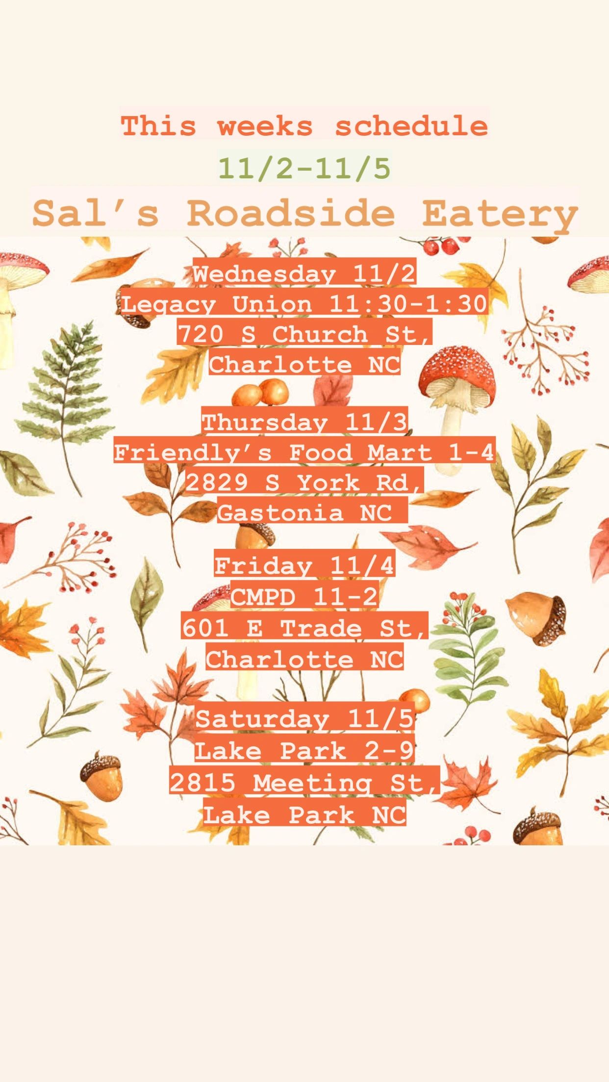 This weeks Schedule! | Sal's Roadside Eatery
