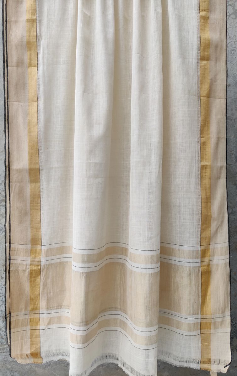 White Plain Body with Gold & Brown Border Sari | Size: 5.50m x 1.15m