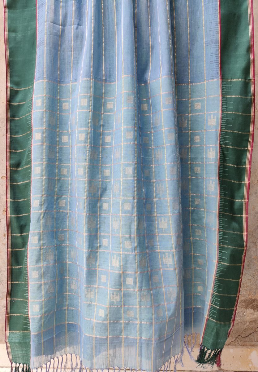 Lt. blue with Gold Stripe body, Three shuttle silk borders with Jamdani ...