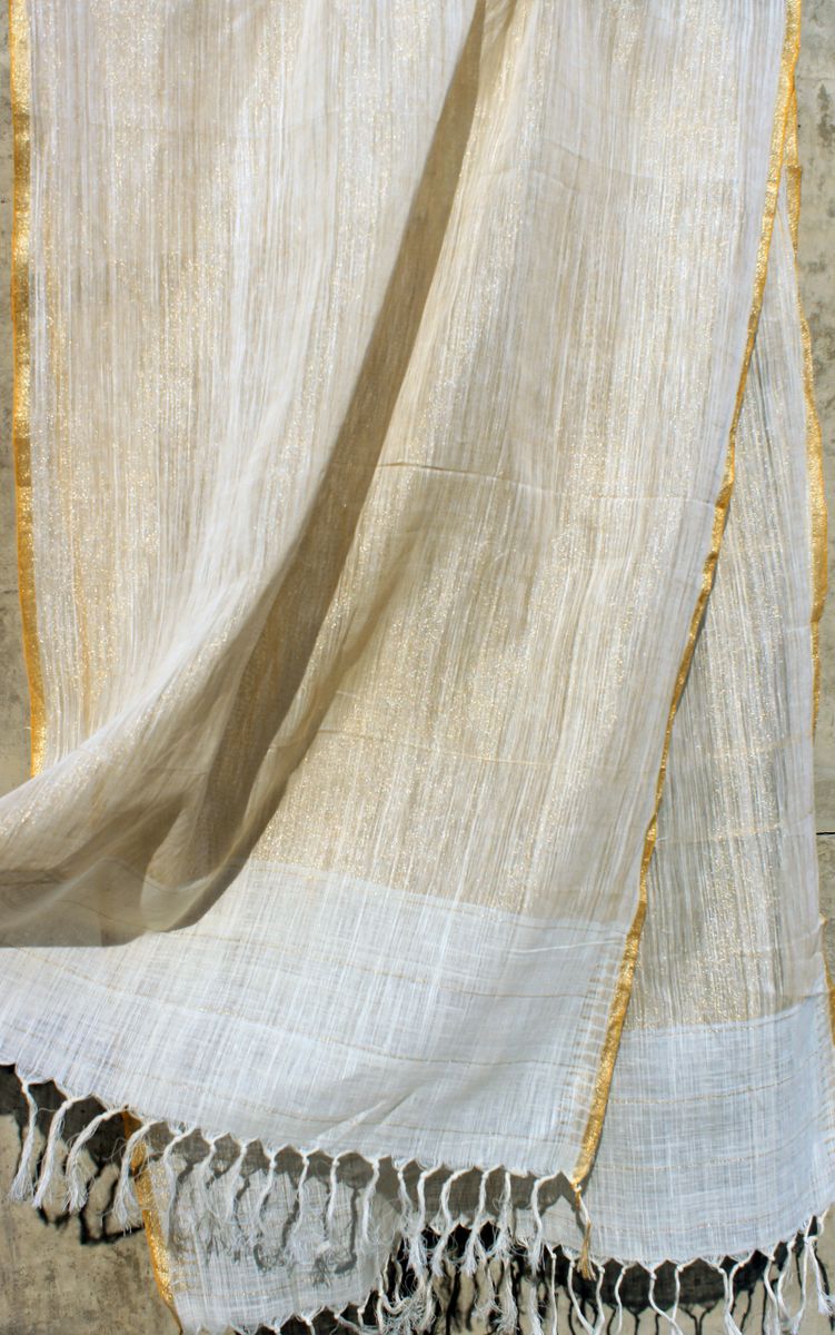 White gold tissue body narrow 3 shuttle borders stole | Size: 1.80m X 0.65m