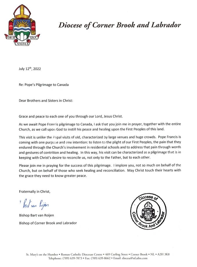 Pope's Pilgrimage to Canada (Bishop Bart's Letter)