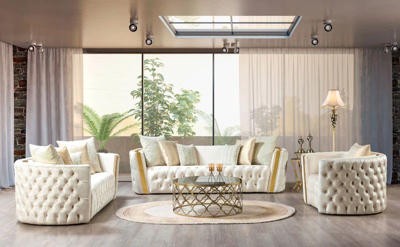 Chloe Collection-Sofa Set (Ivory & Gold)