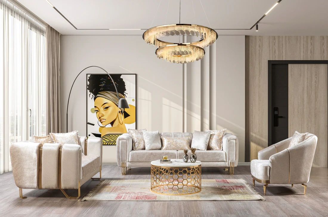 Ophelia-Collection 2 pcs sofa set- Ivory & Gold