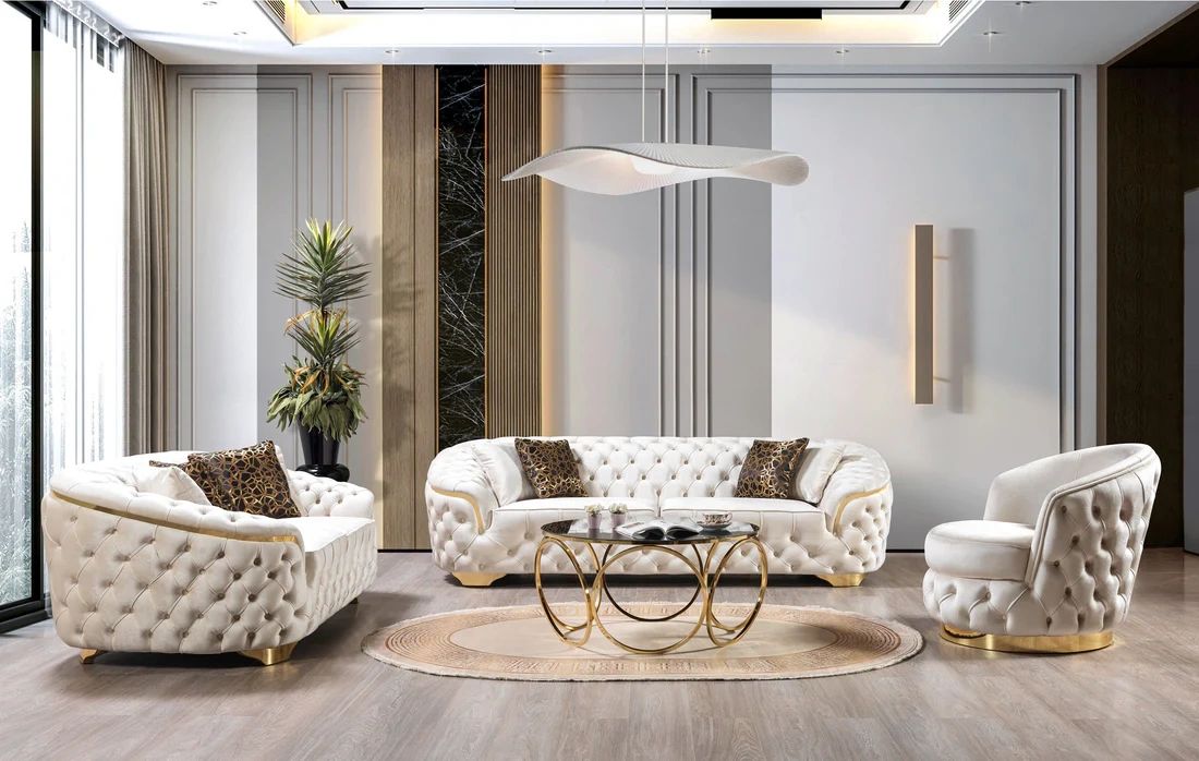 Turk-Luxury Collection- 2 pcs Sofa Set (Cream & gold) velvet